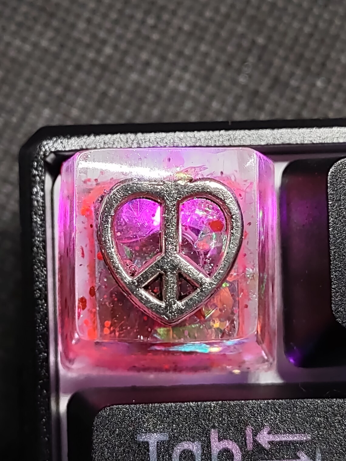Pink Peace Sign Keycap Holographic Glitter Silver Heart - Etsy