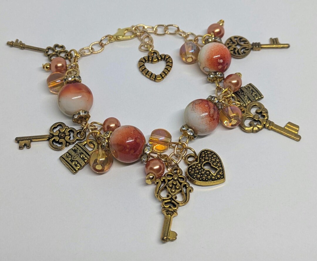 Golden Key Lock Charm Bracelet Handmade USA Orange Iridescent Acrylic ...