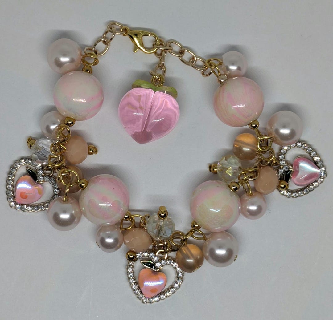 Peach Charm Bracelet: Pink Rhinestone Heart, Glass Beaded, Kawaii ...