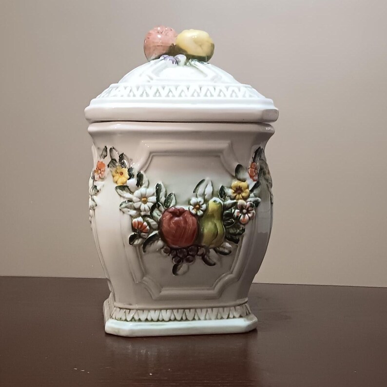 Lefton China Fantasia Pattern Canister With Raised Fruit and Floral ...