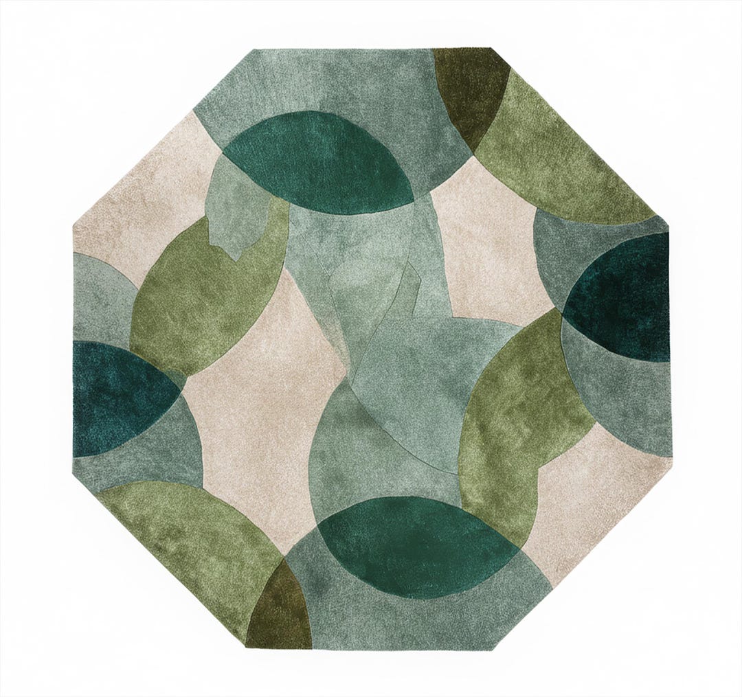 Hand Tufted Octagon Rug Botanical Leaf Area Rug Deep Green & Olive ...