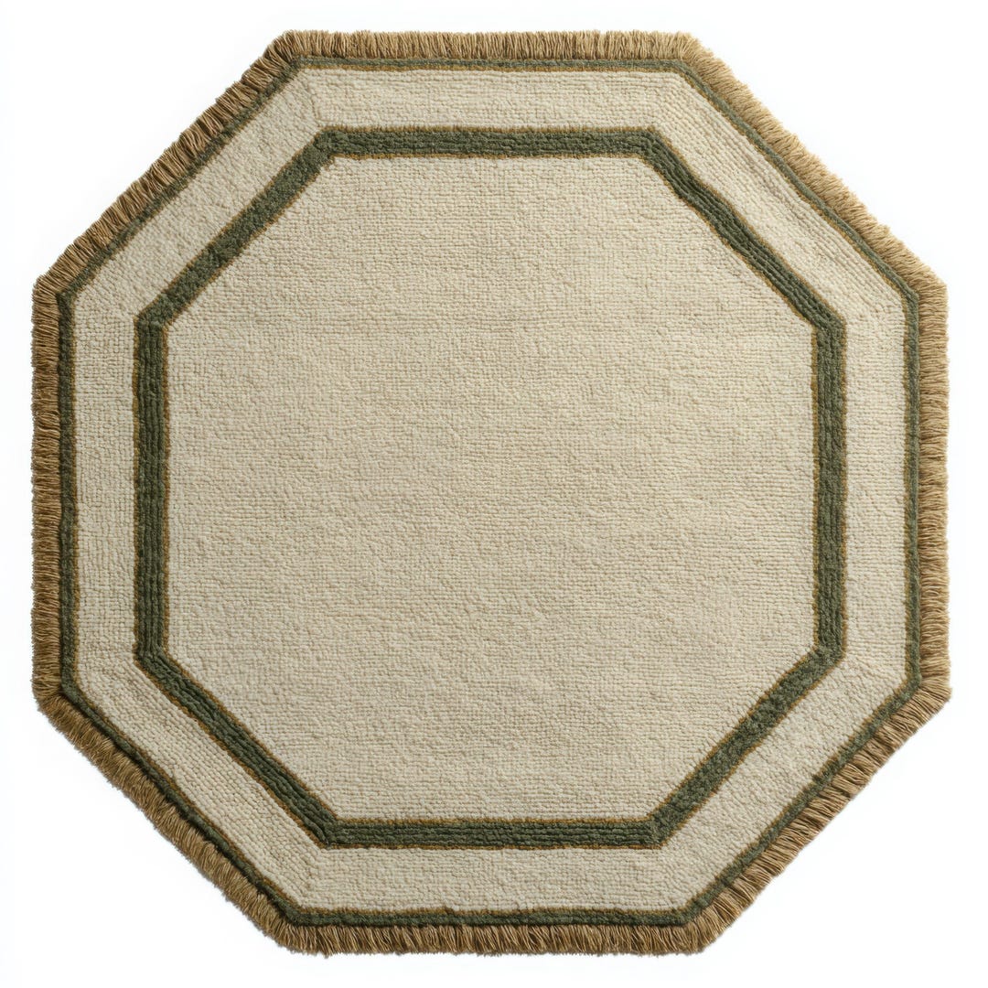 Hand Tufted Octagon Rug Emerald Green Border Area Rug Cream Octagonal ...