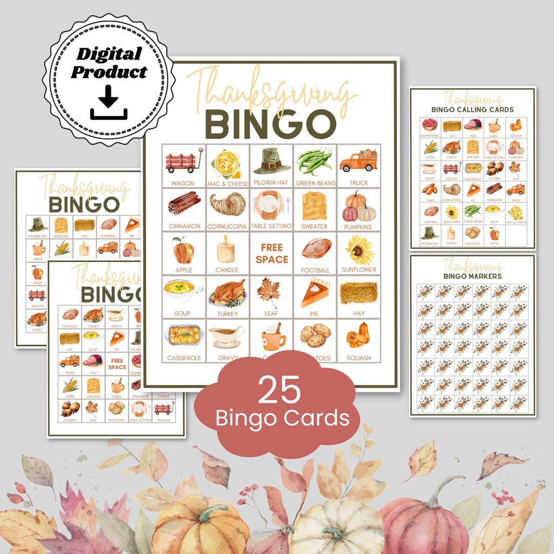 Thanksgiving Bingo, 25 Thanksgiving Bingo Cards, Thanksgiving Activity ...