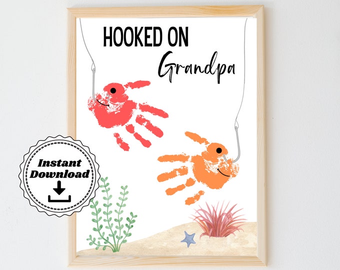Hooked on Daddy, Fishing Handprint Art, Father's Day Craft, Baby ...