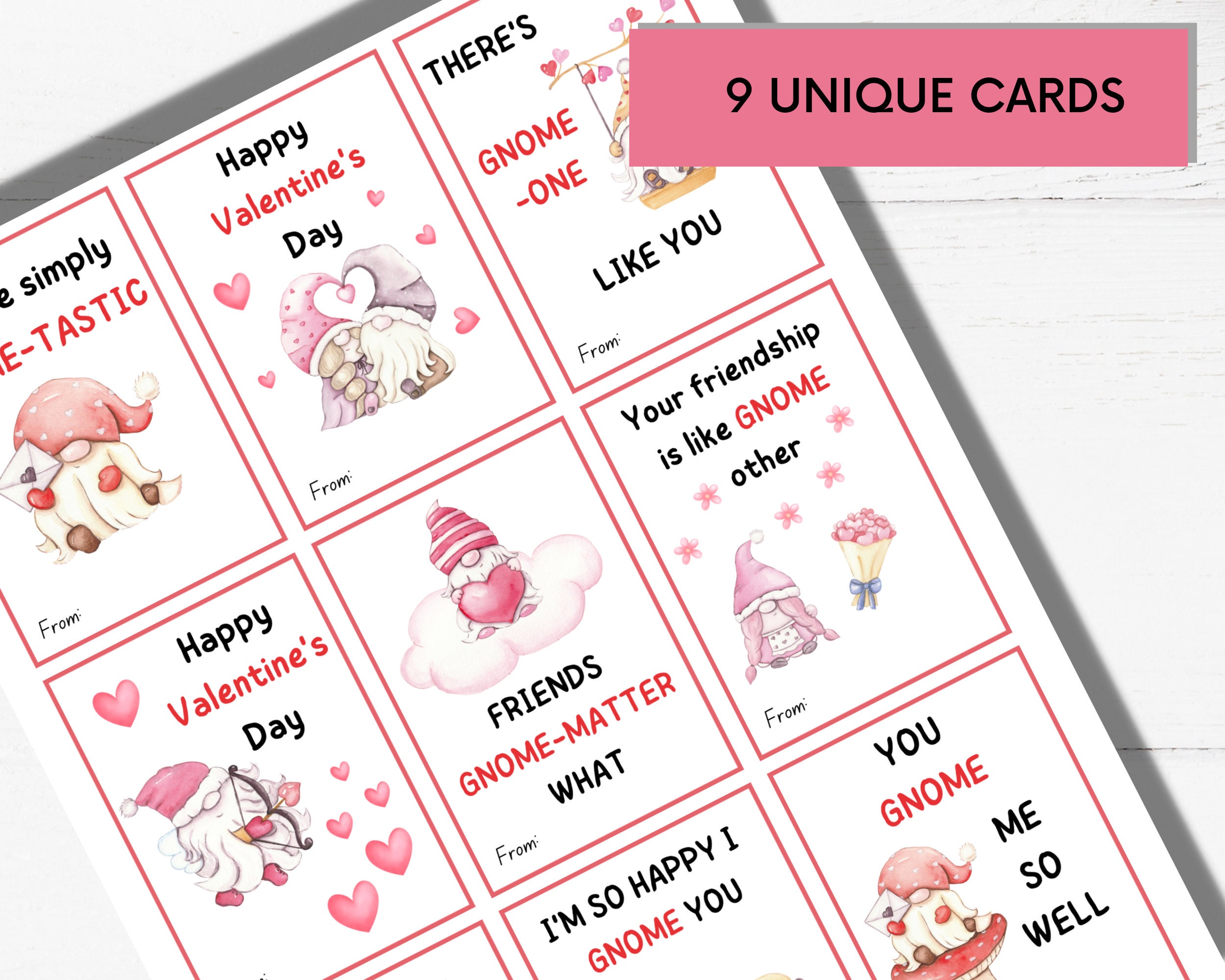 Gnome Valentine Cards for Kids, Printable Valentine's Day Cards ...