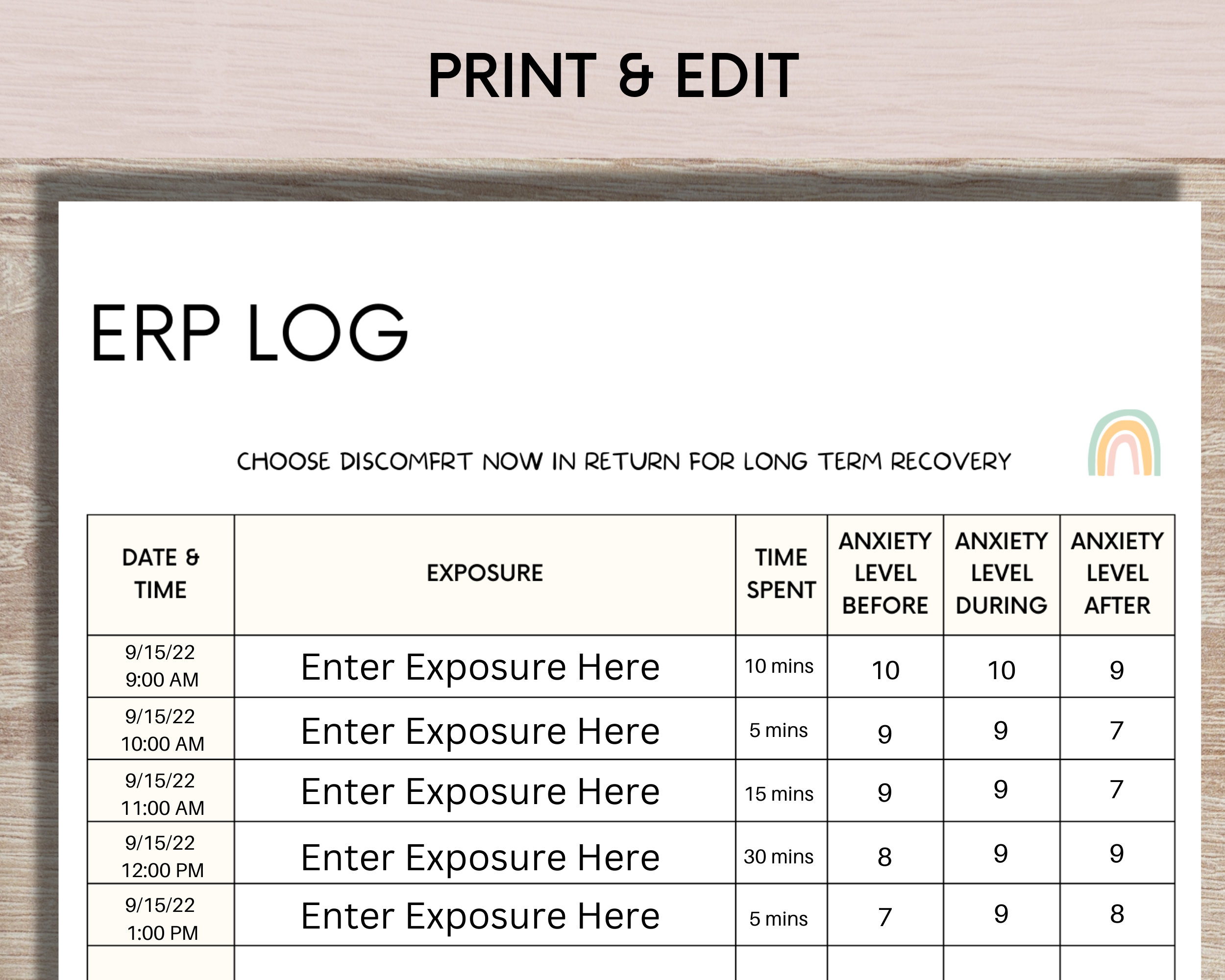 Simple ERP Log for OCD Therapy, Exposure Response Prevention Log, OCD ...