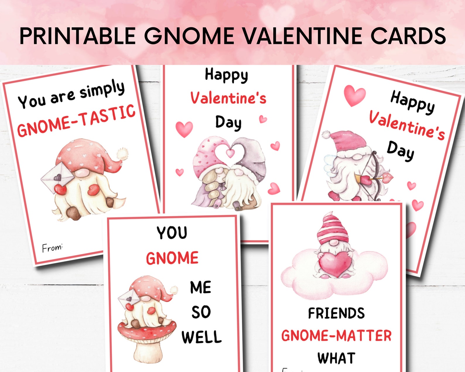 Gnome Valentine Cards for Kids, Printable Valentine's Day Cards ...
