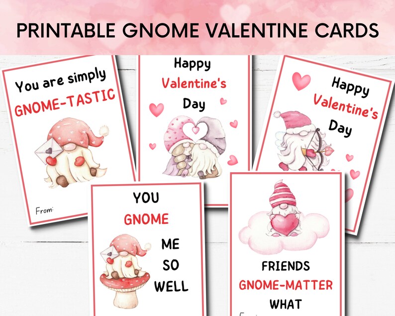 Gnome Valentine Cards for Kids, Printable Valentine's Day Cards ...
