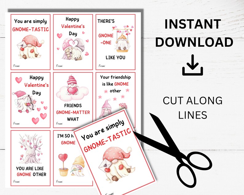 Gnome Valentine Cards for Kids, Printable Valentine's Day Cards ...