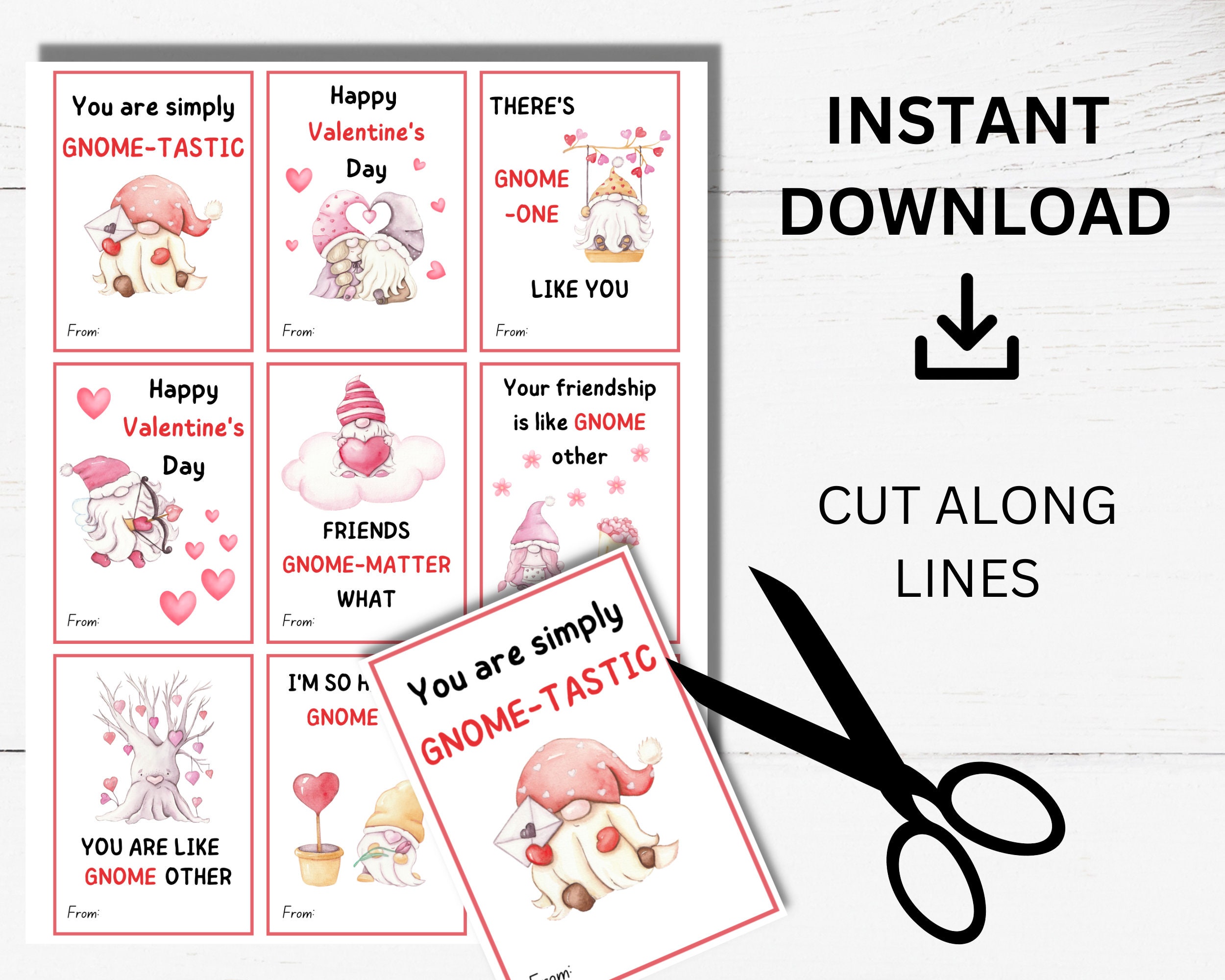 Gnome Valentine Cards for Kids, Printable Valentine's Day Cards ...