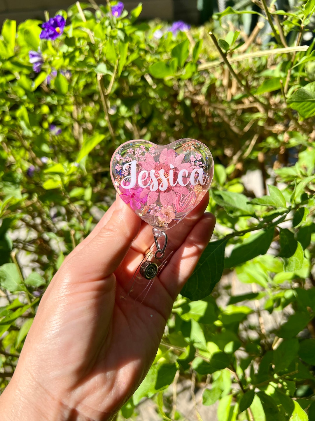 Personalized Heart Resin Badge Reel | Real Dried Pressed Flower ...