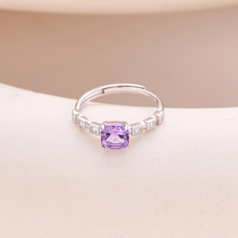 Cushion Amethyst Silver Ring With Zircon Stones, 925 Sterling Silver ...