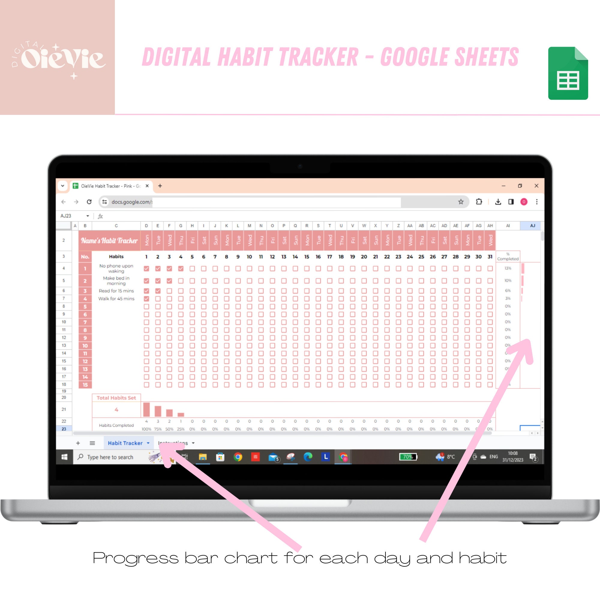 Digital Habit Tracker Pink Instant Download File Google Sheets ...