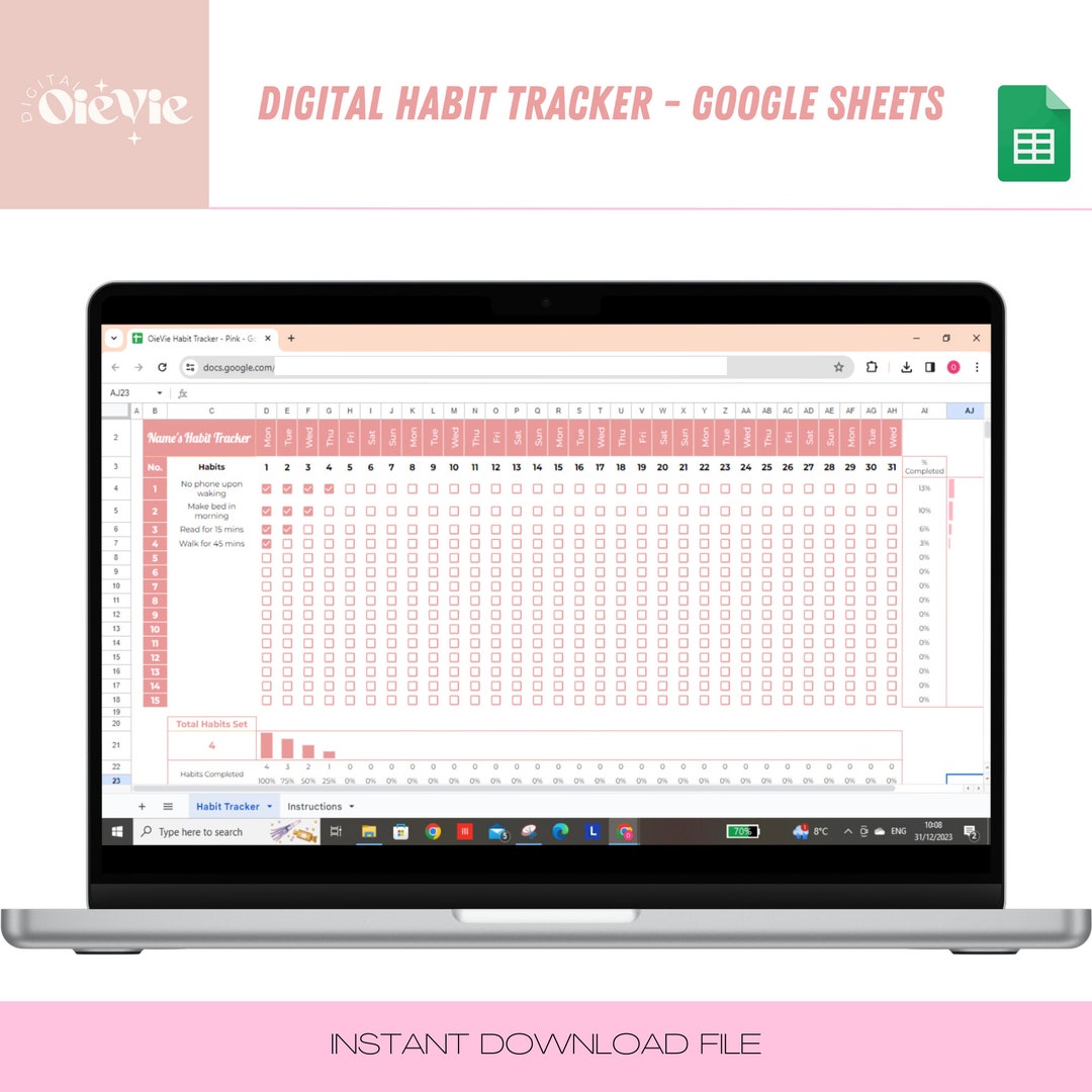 Digital Habit Tracker Pink Instant Download File Google Sheets ...