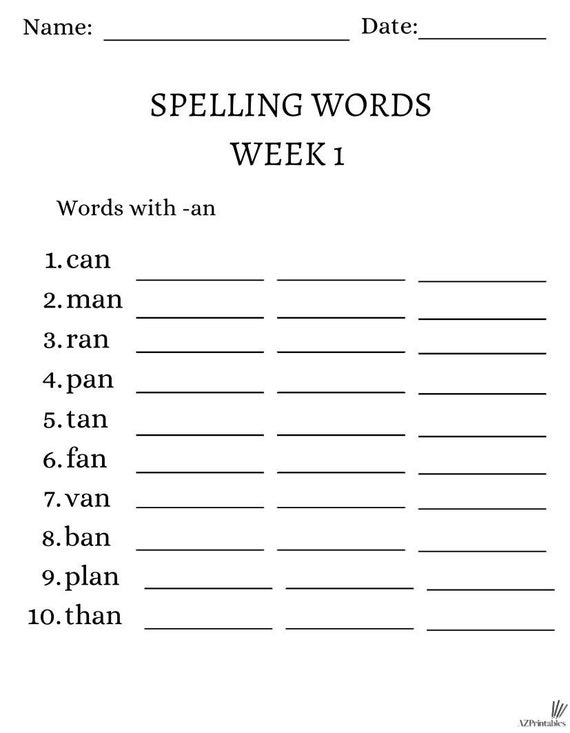 10 Weeks of Printable Spelling Words Word Family Worksheets - Etsy