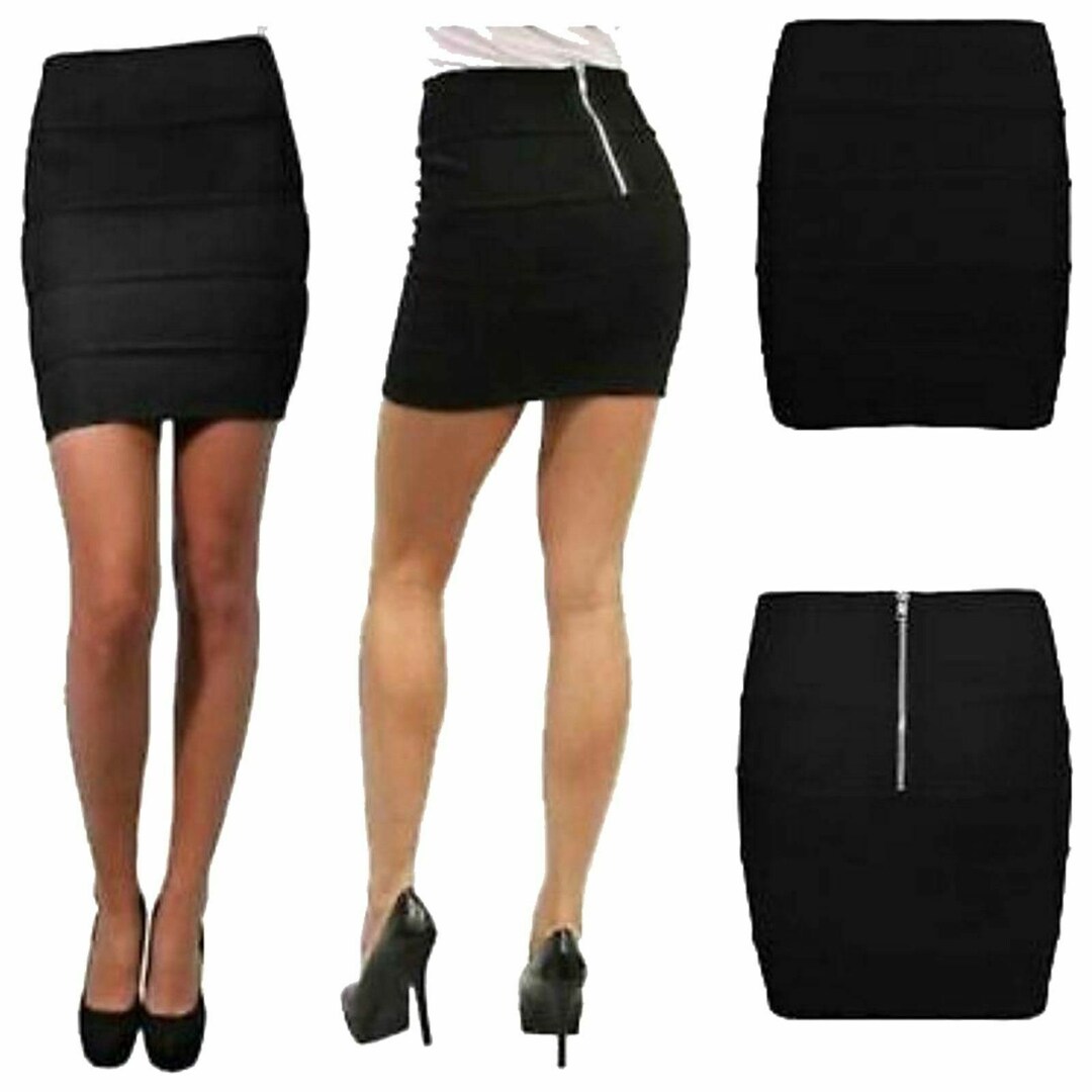 Ladies Ribbed Zip Back Panel Mini Skirt Womens Bodycon Pencil Stretch ...
