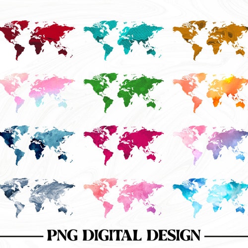 World Maps Clipart Watercolor Maps Png 12 World Maps - Etsy