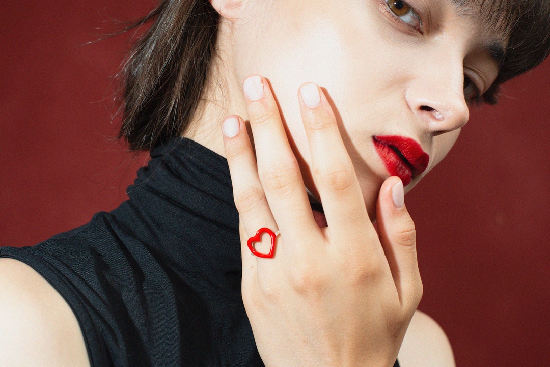 Silver Heart Ring, Red Heart Ring, Stacking Ring, Handmade Love Ring ...