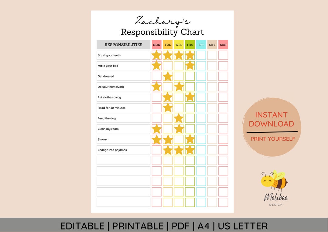 EDITABLE Responsibility Chart Printable Kid's Chore - Etsy