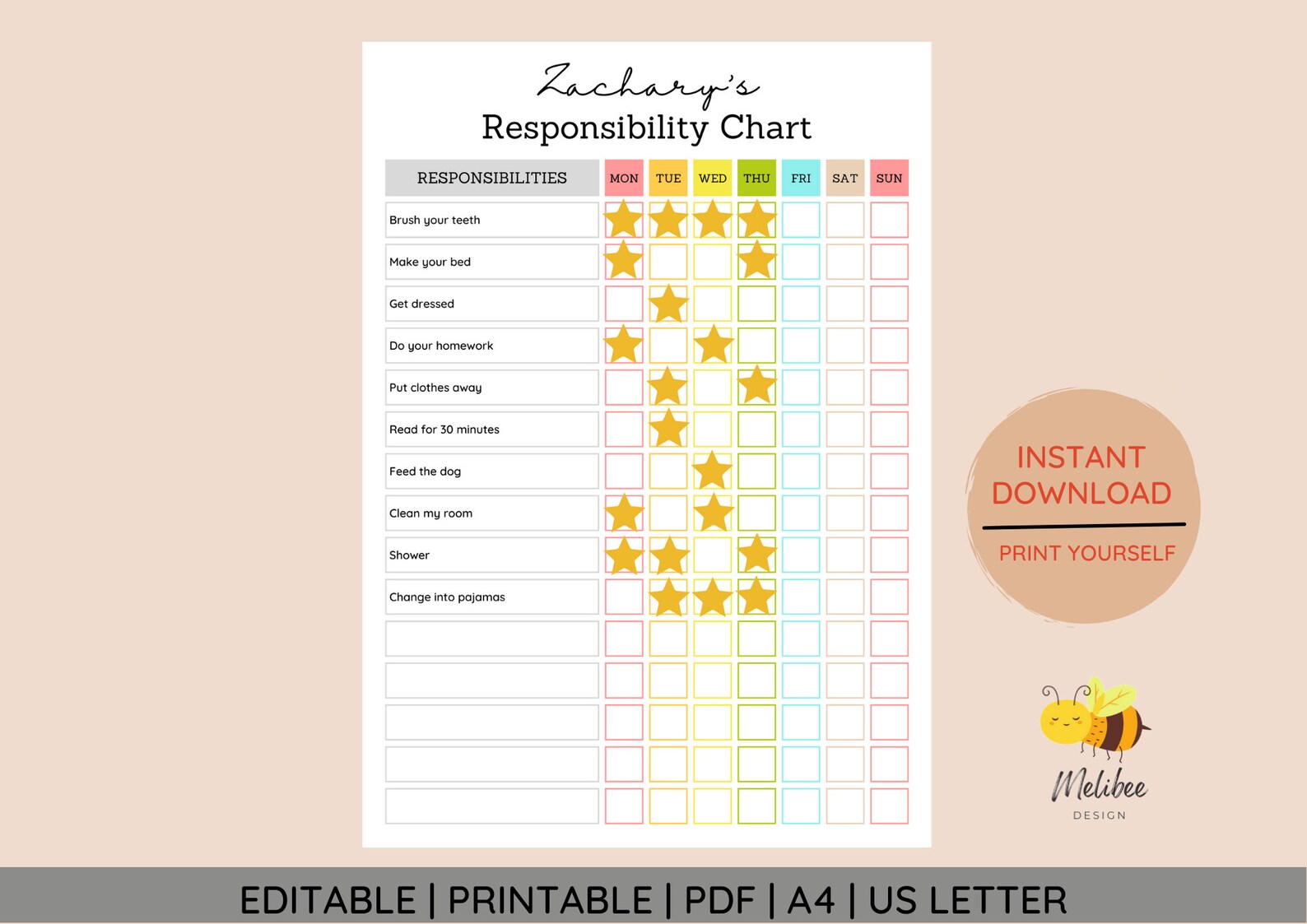 EDITABLE Responsibility Chart Printable Kid's Chore - Etsy