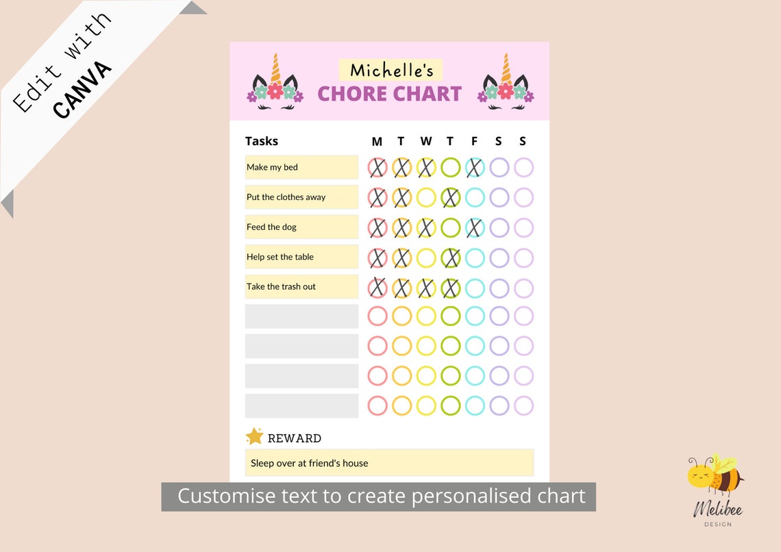 EDITABLE Unicorn Chore Chart Printable Kids Reward Chart Responsibility ...