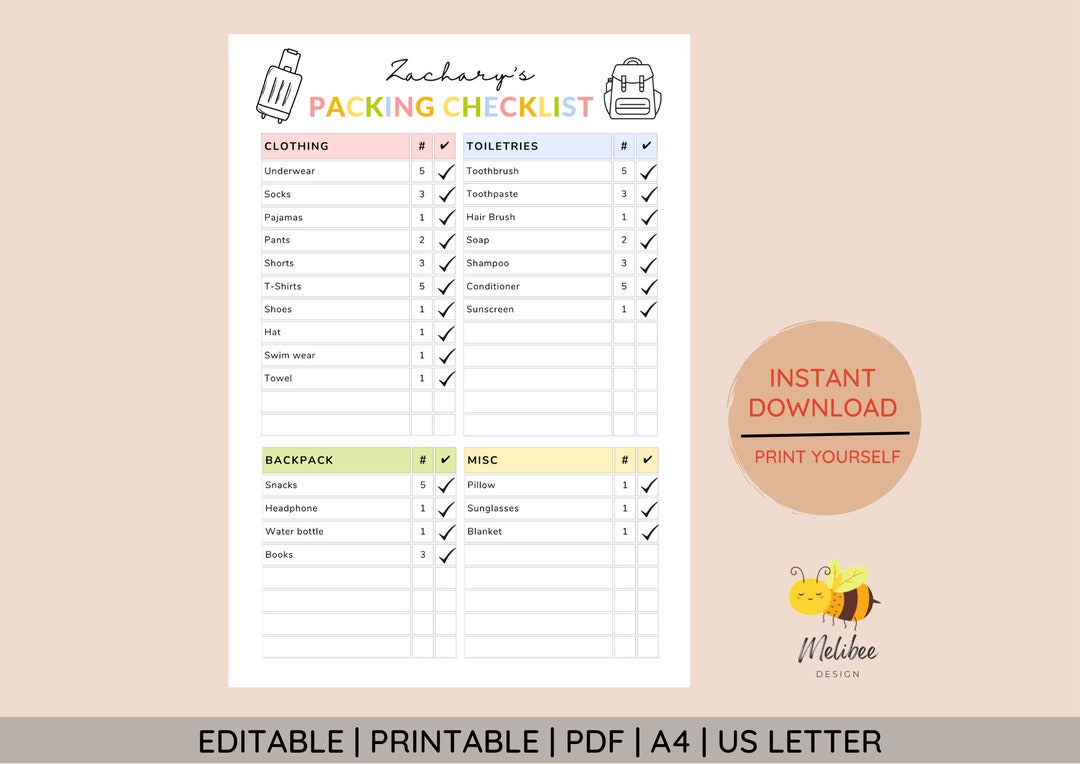 Editable Packing Checklist for Kids • Kids Packing List • Vacation ...