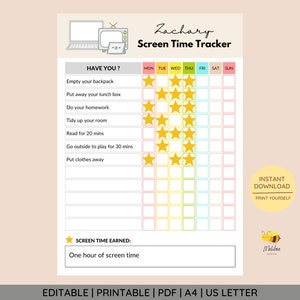 EDITABLE Screen Time Tracker Chart • Screen Time Rules • Screen Time ...