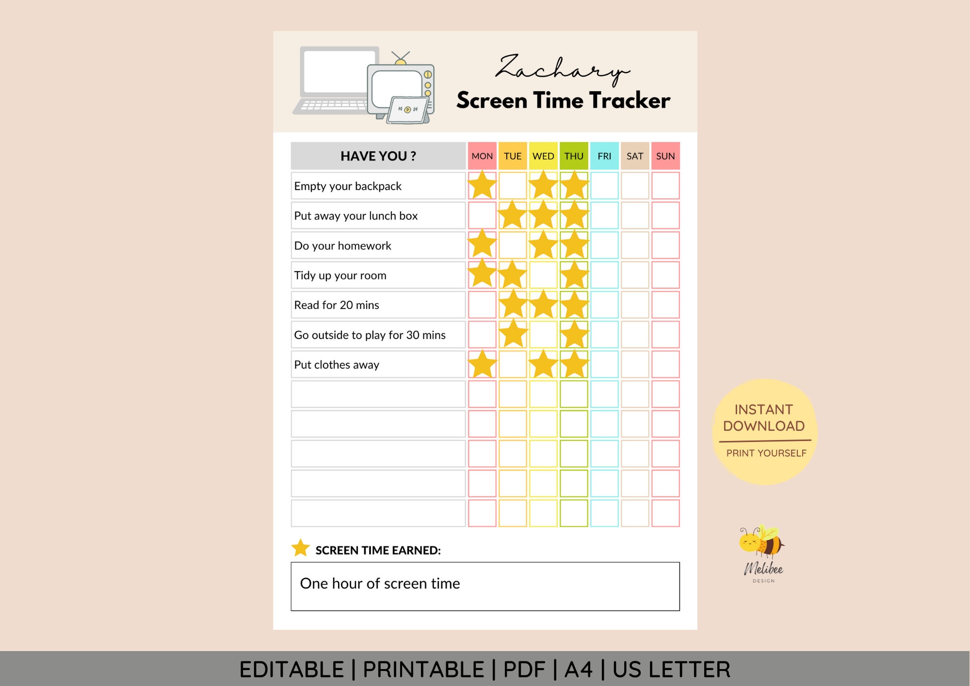 EDITABLE Screen Time Tracker Chart • Screen Time Rules • Screen Time ...