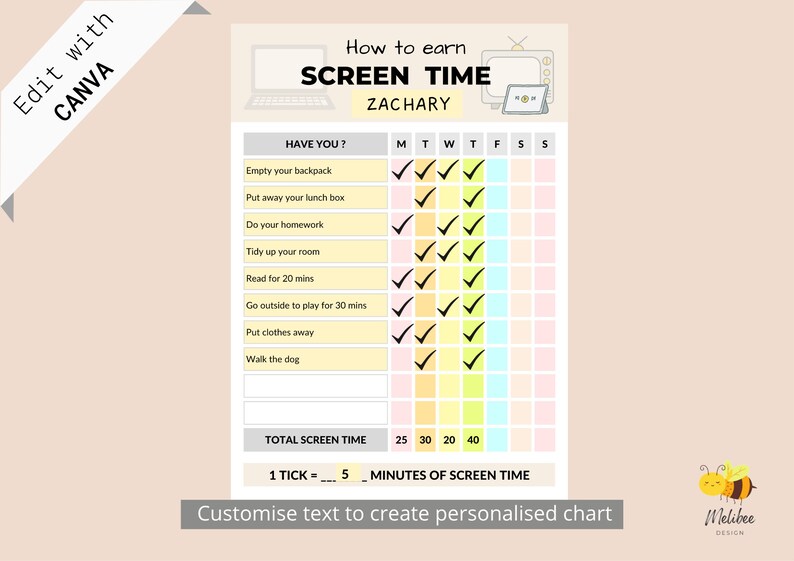 EDITABLE Screen Time Tracker Chart • Screen Time Rules • Screen Time ...