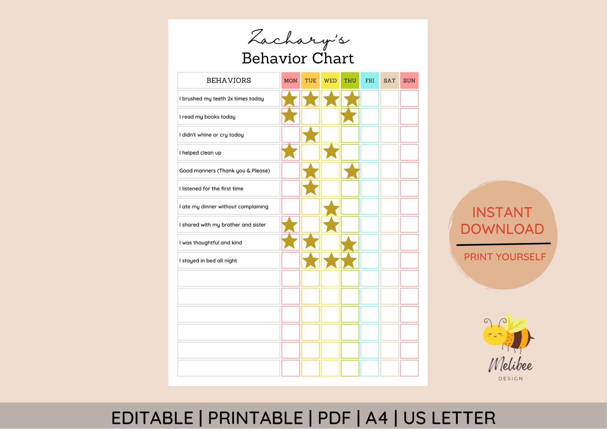 EDITABLE Behavior Chart Printable Chart Sticker Chart - Etsy Australia