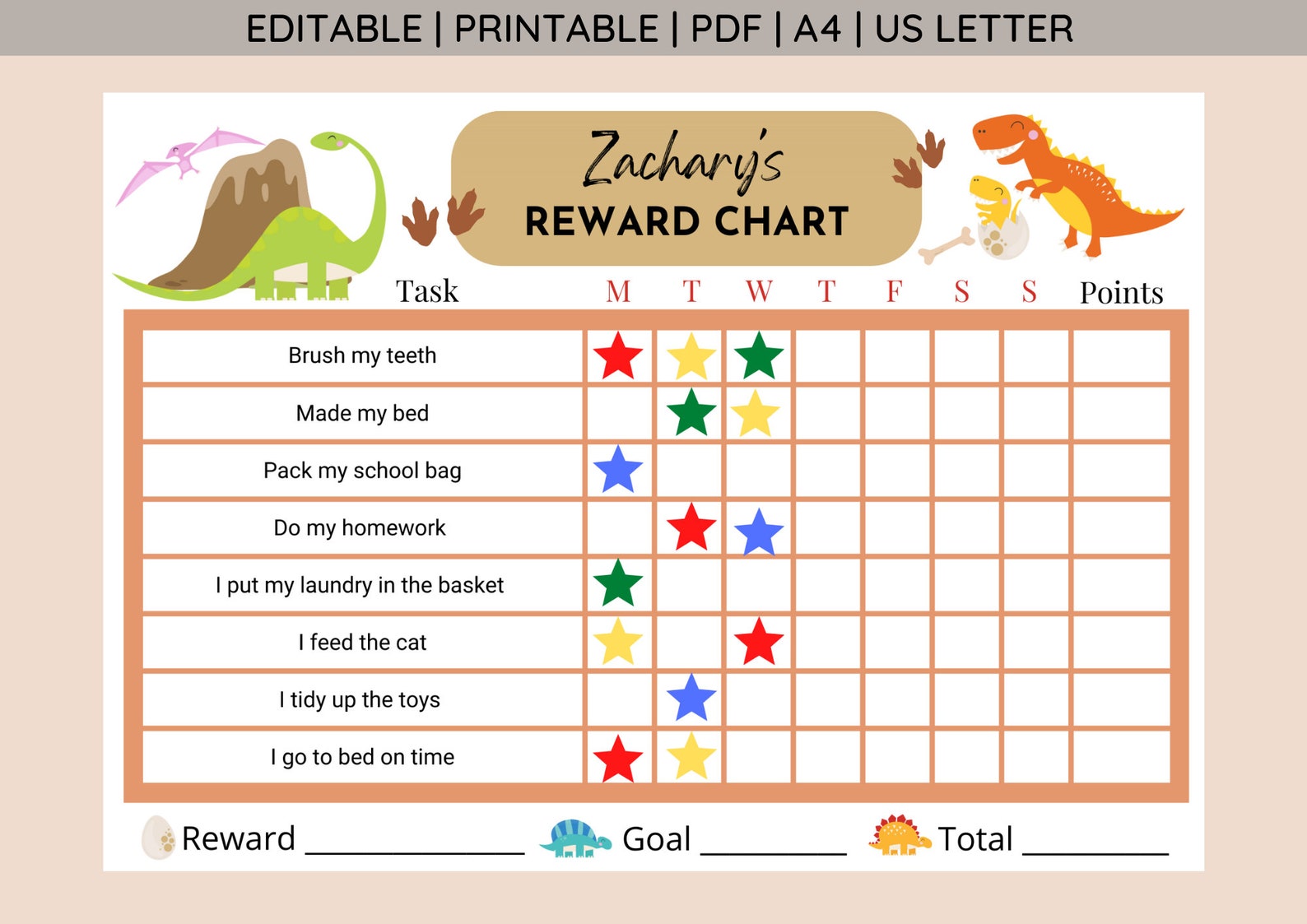 Editable Dinosaurs Chore Chart Printable Kids Reward Chart - Etsy