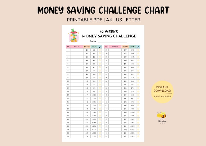 Printable Savings Challenge • 52 Weeks Money Saving Challenge • Money ...
