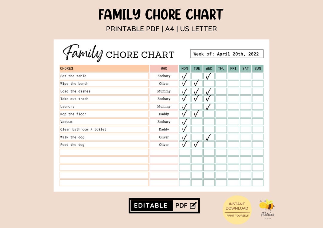 EDITABLE Family Chore Chart • Printable Weekly Family Schedule • Family ...