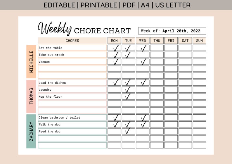 EDITABLE Multiple Kids Weekly Chore Chart Printable Chore - Etsy