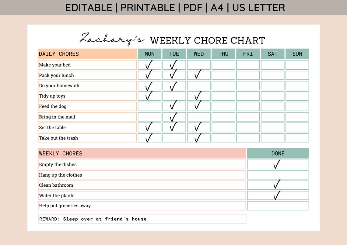 EDITABLE Daily Weekly Chore Chart Printable Daily Weekly - Etsy