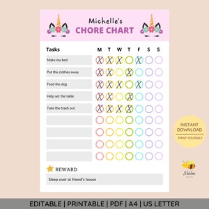 EDITABLE Unicorn Chore Chart • Printable Kids Reward Chart ...