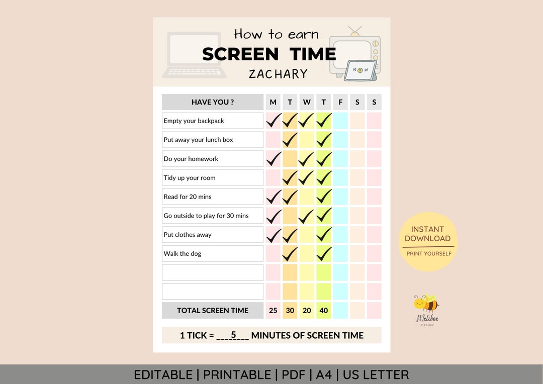 EDITABLE Screen Time Tracker Chart • Screen Time Rules • Screen Time ...