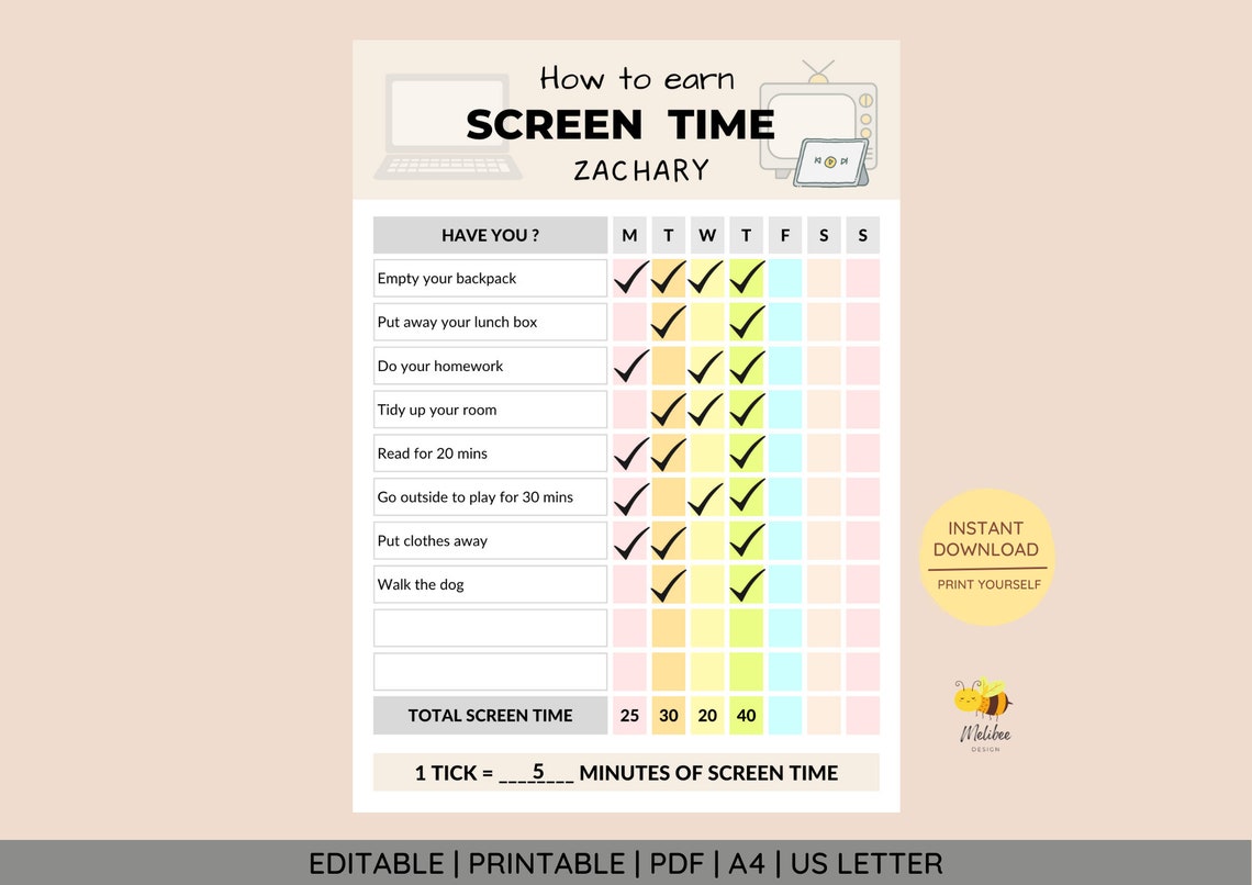 EDITABLE Screen Time Tracker Chart • Screen Time Rules • Screen Time ...