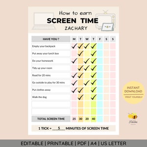 EDITABLE Screen Time Tracker Chart • Screen Time Rules • Screen Time ...