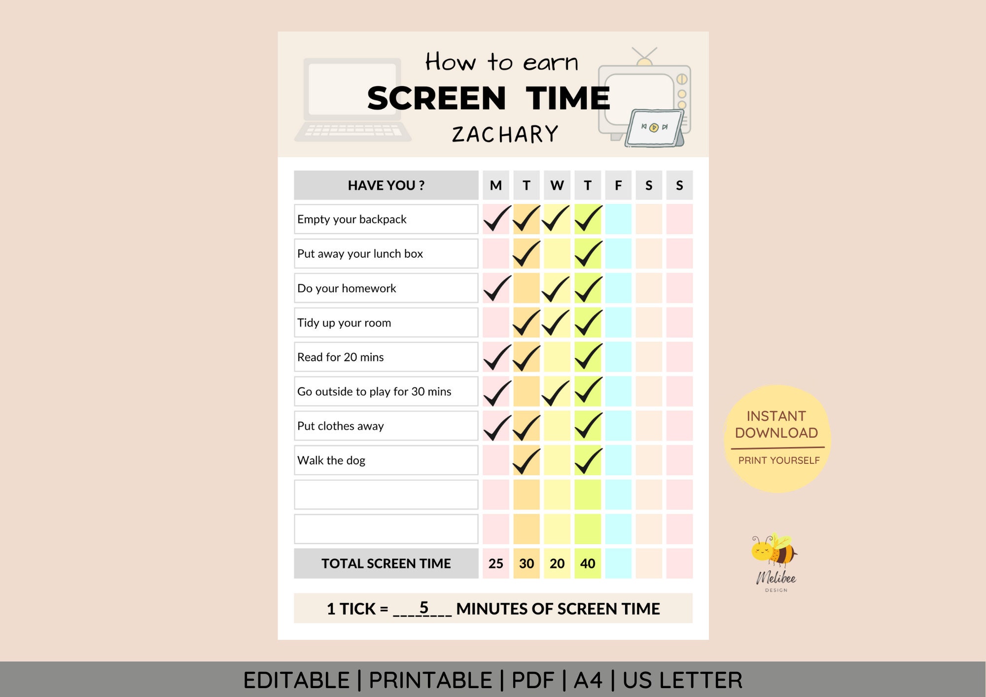 EDITABLE Screen Time Tracker Chart • Screen Time Rules • Screen Time ...