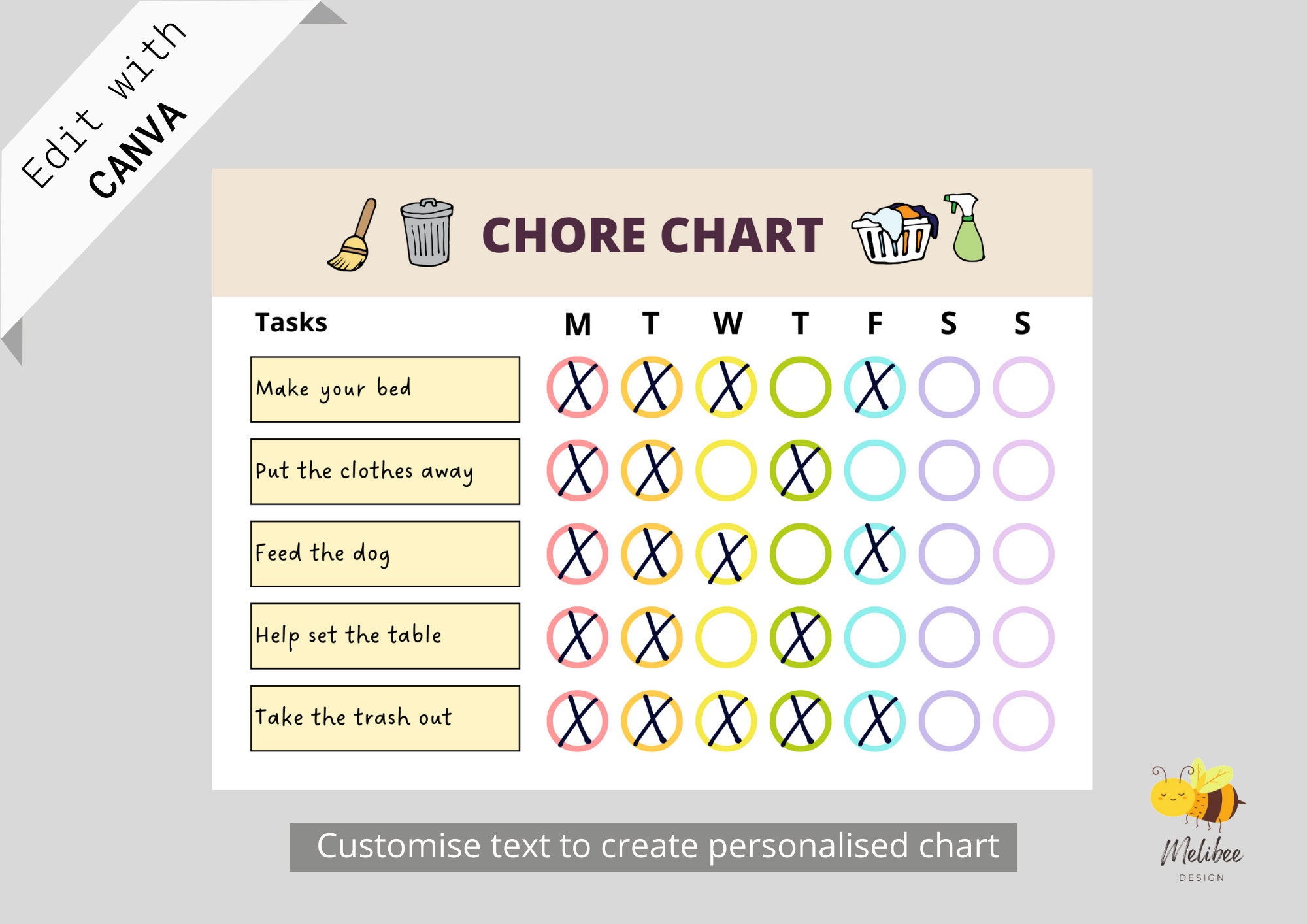 EDITABLE Kid's Colourful Chore Chart Printable Weekly Chores Weekly ...