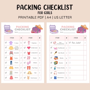 Printable Packing Checklist for Girls • Kids Packing List • Vacation ...