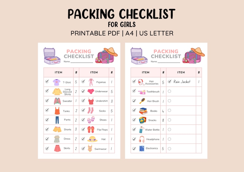 Printable Packing Checklist for Girls • Kids Packing List • Vacation ...