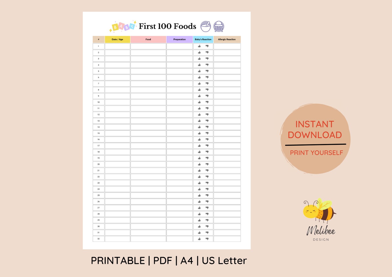 Printable Baby's First 100 Foods Log • Baby Food Tracker • Food Chart ...