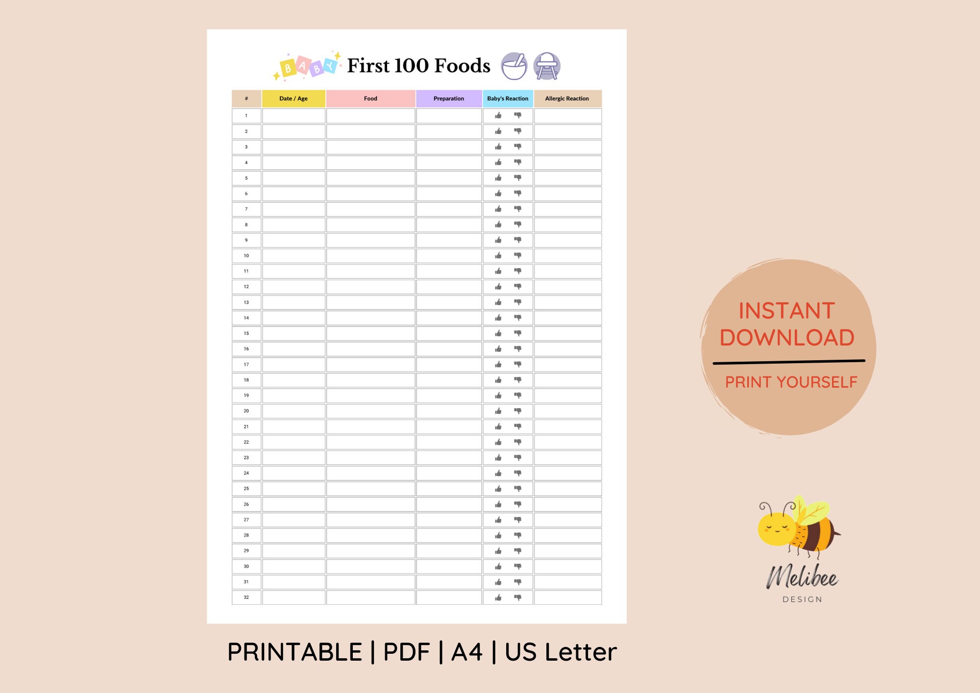 Printable Baby's First 100 Foods Log • Baby Food Tracker • Food Chart ...