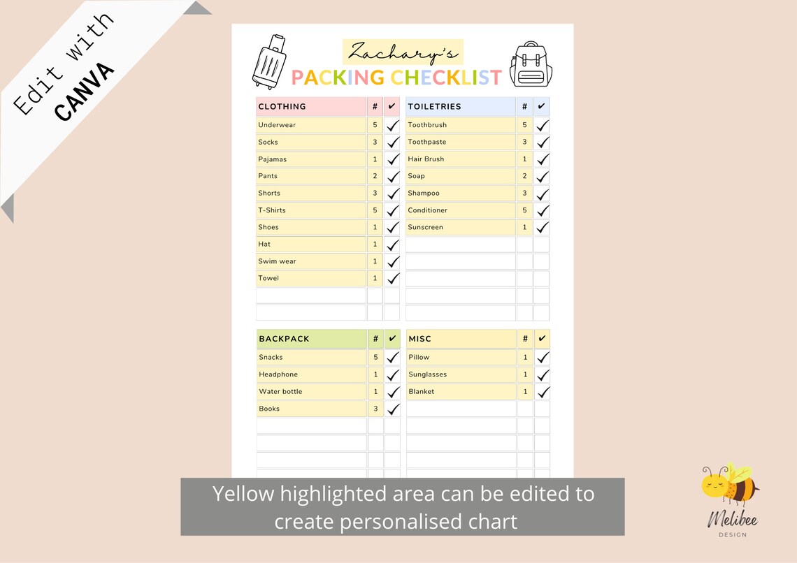 Editable Packing Checklist for Kids • Kids Packing List • Vacation ...