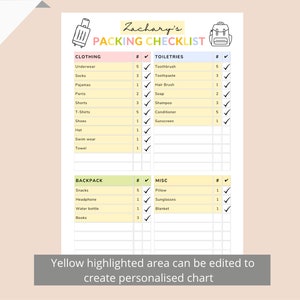 Editable Packing Checklist for Kids • Kids Packing List • Vacation ...