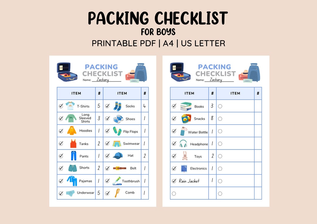Printable Packing Checklist for Boys • Kids Packing List • Vacation ...