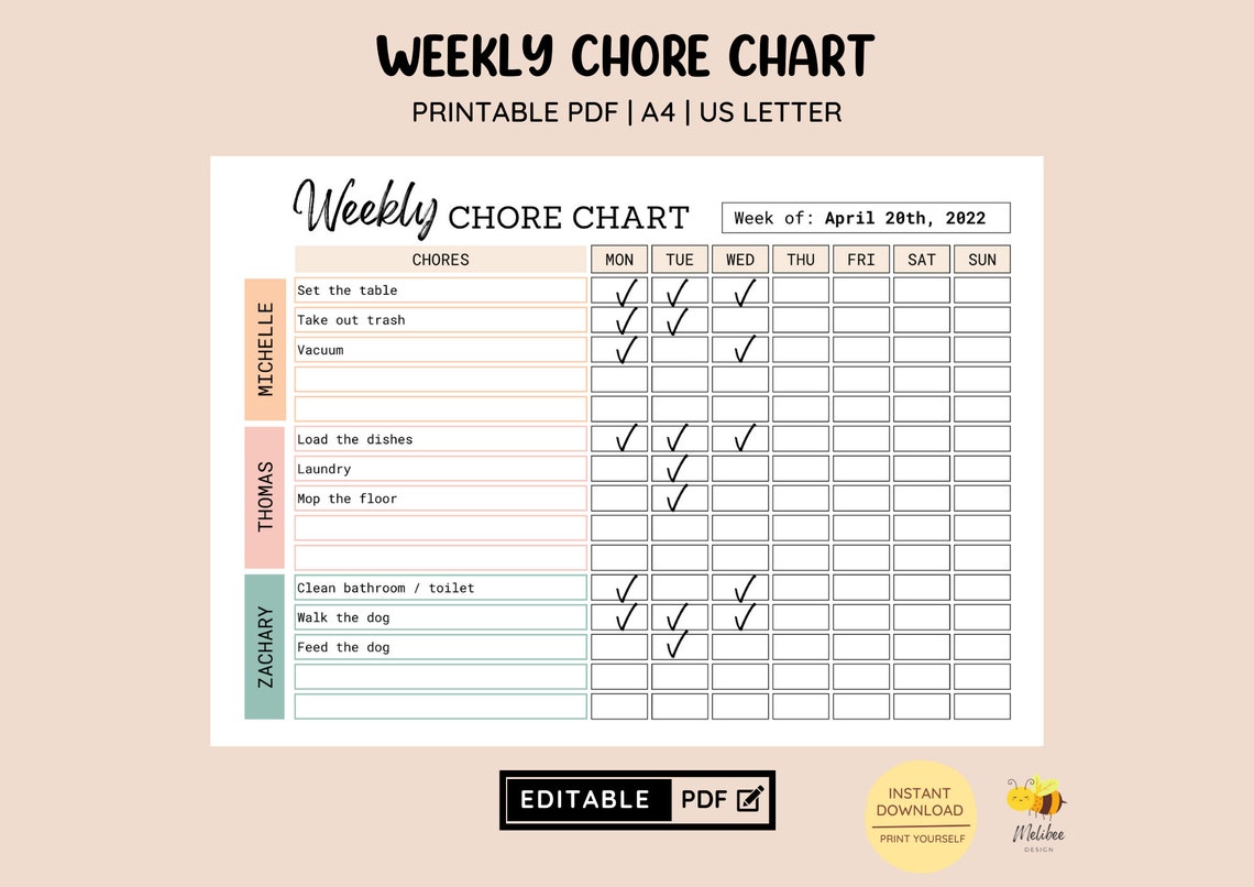 EDITABLE Multiple Kids Weekly Chore Chart • Printable Chore Chart ...