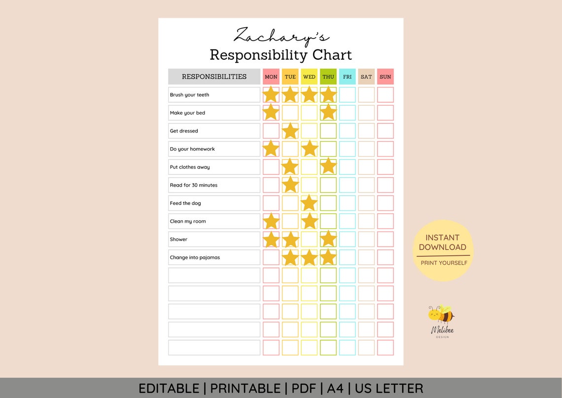 EDITABLE Responsibility Chart • Printable Kid's Chore Chart • Sticker ...